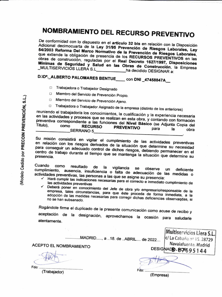 Nombramiento Recurso Preventivo | PDF