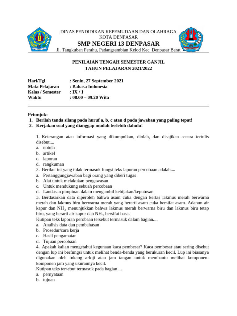 Soal PTS KLS 9 SMT Ganjil | PDF