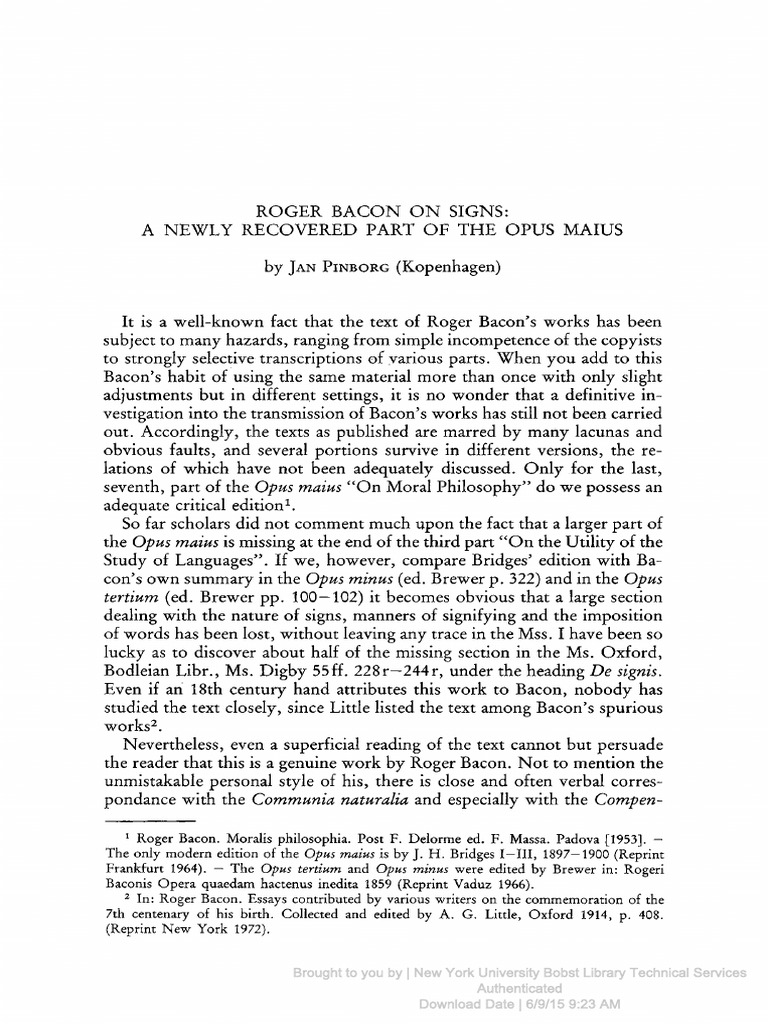 Pinborg - Roger Bacon On Signs A Newly Recovered Part of The Opus Majus ...