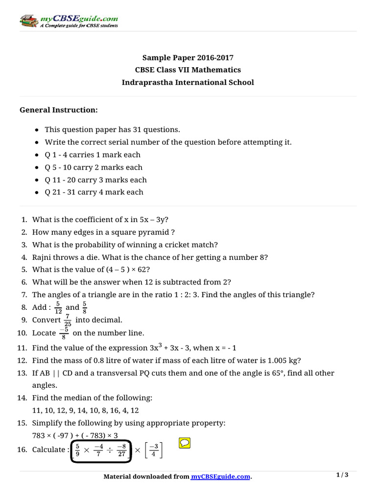 CBSE Class VII Math Sample Paper 2016 | PDF | Triangle | Euclidean Geometry