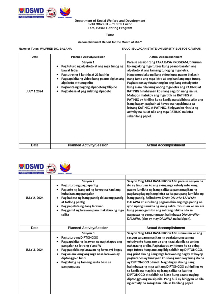 Tutor ACCOMPLISHMENT REPORT | PDF