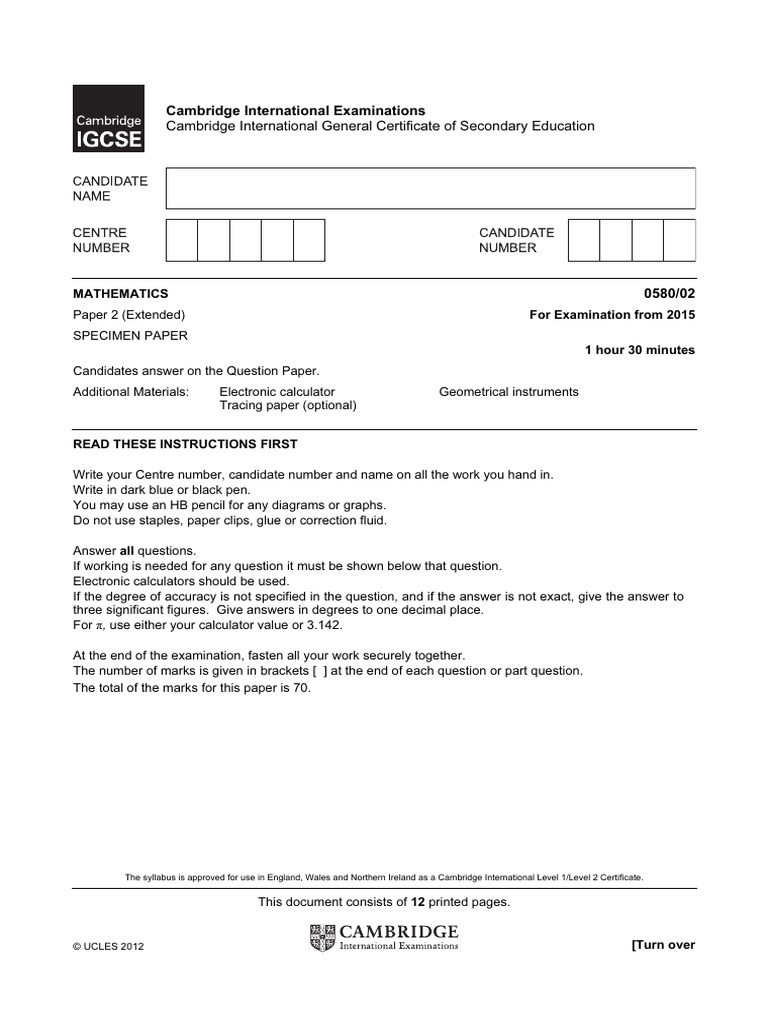 Specimen QP - Paper 2 CIE Maths IGCSE | PDF | Circle | Elementary Geometry