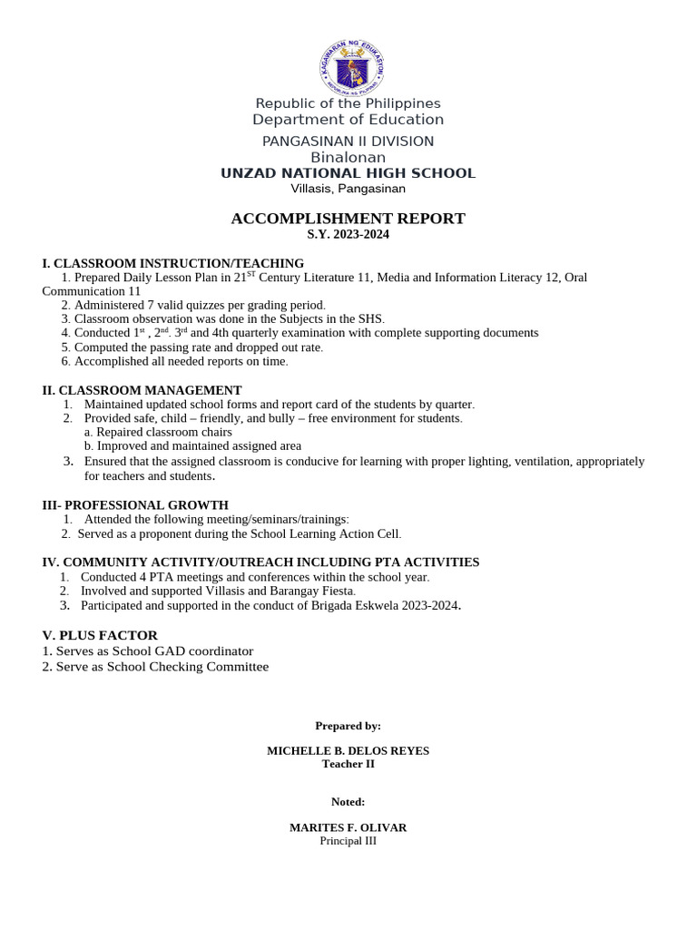 Accomplishment Report 23-24 | PDF