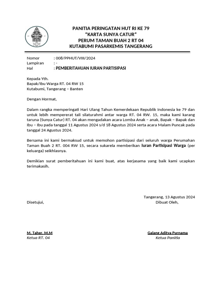 Surat Pemberitahuan Iuran Warga 17 An | PDF