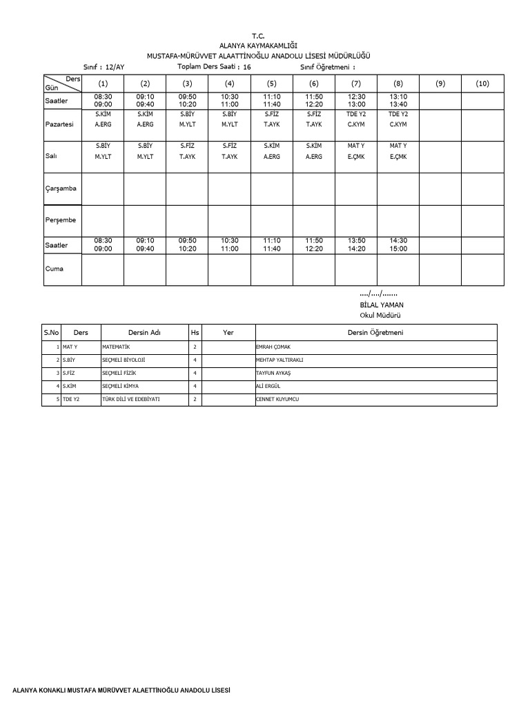Sinif Ders Programi 12 Eki̇m 2020 | PDF