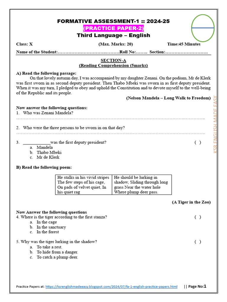 10th FA-1 English Model & Practice Paper-2 | PDF