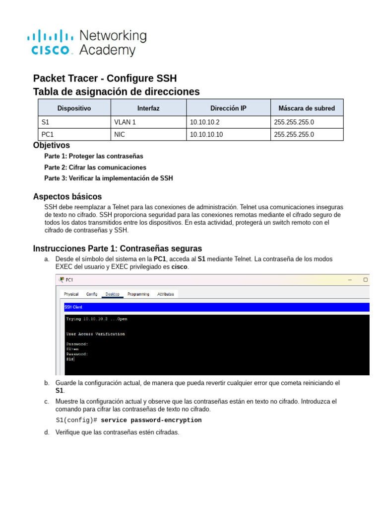 1.3.6 Packet Tracer - Configure SSH - Es XL | PDF