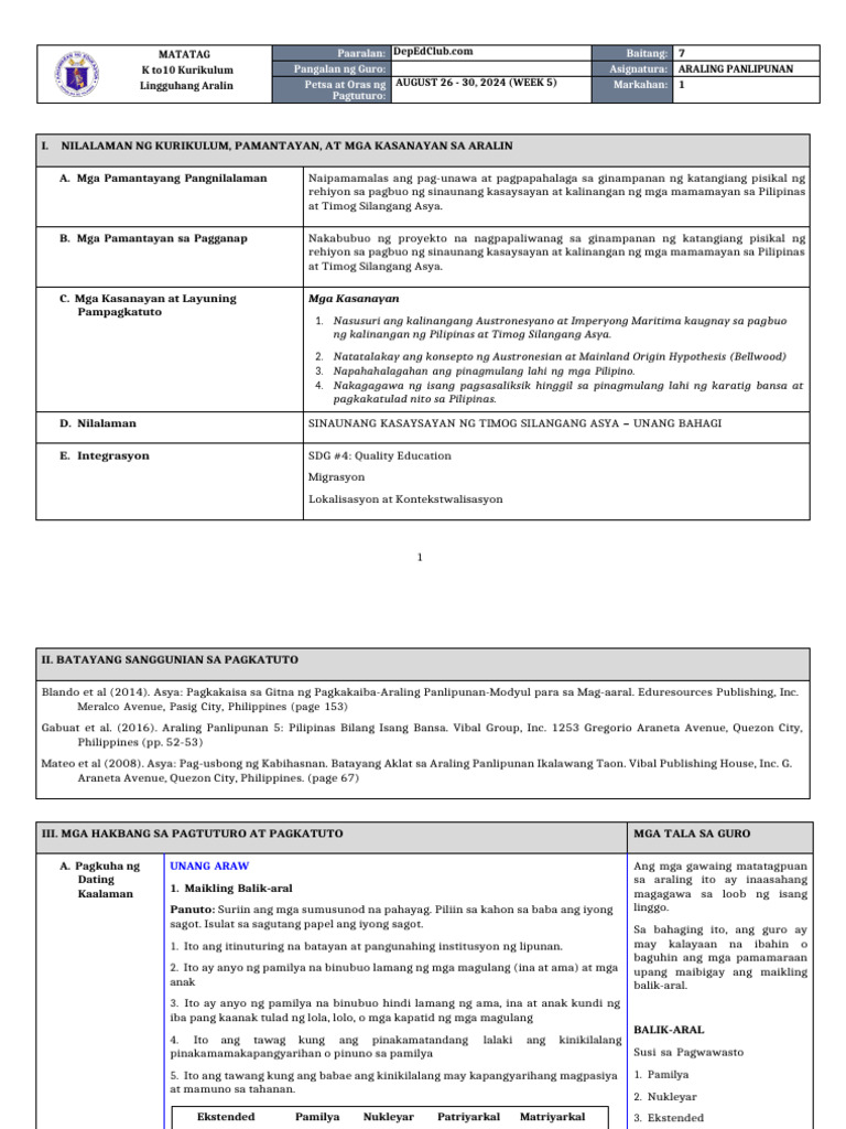 DLL Matatag - Araling Panlipunan 7 Q1 W5 | PDF