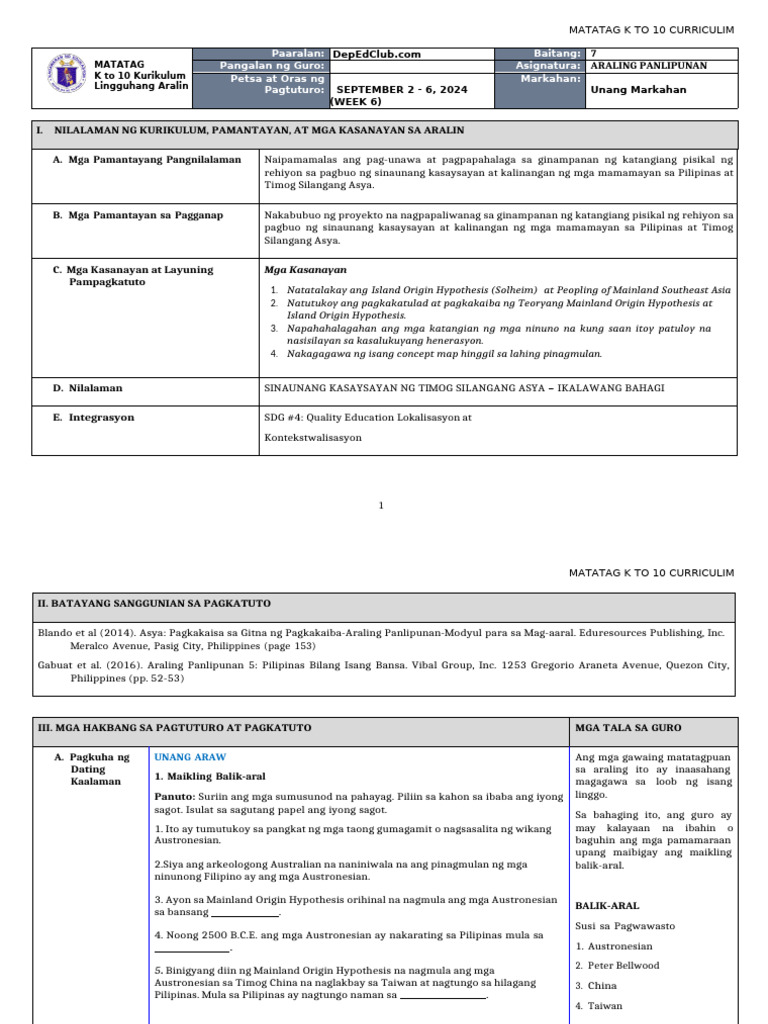 DLL Matatag - Araling Panlipunan 7 Q1 W6 | PDF