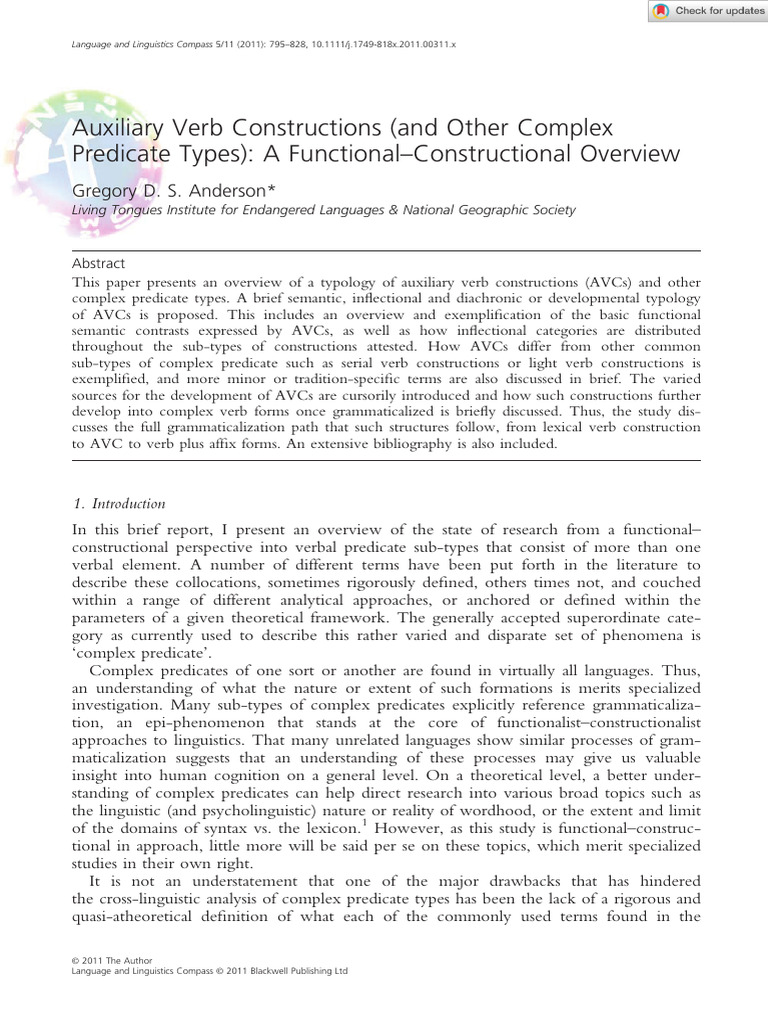Language and Linguist Compass 2011 Anderson Auxiliary Verb Constructions | PDF | Verb | Lexical ...