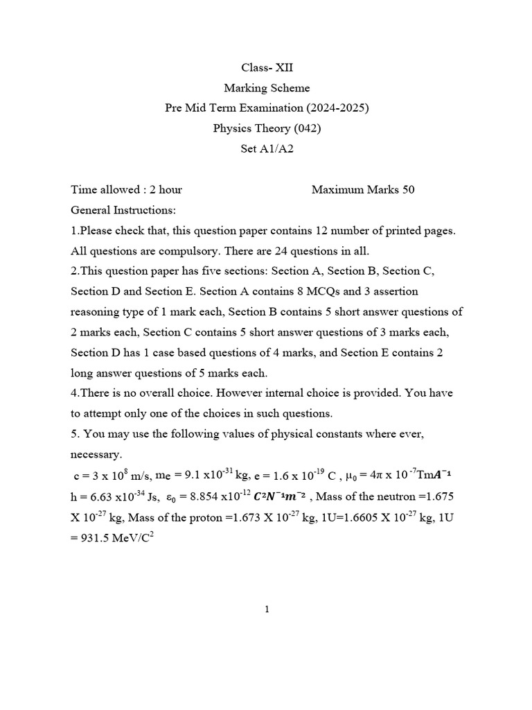 12 Phy A Pre Mid Term 2024 25 MS | PDF