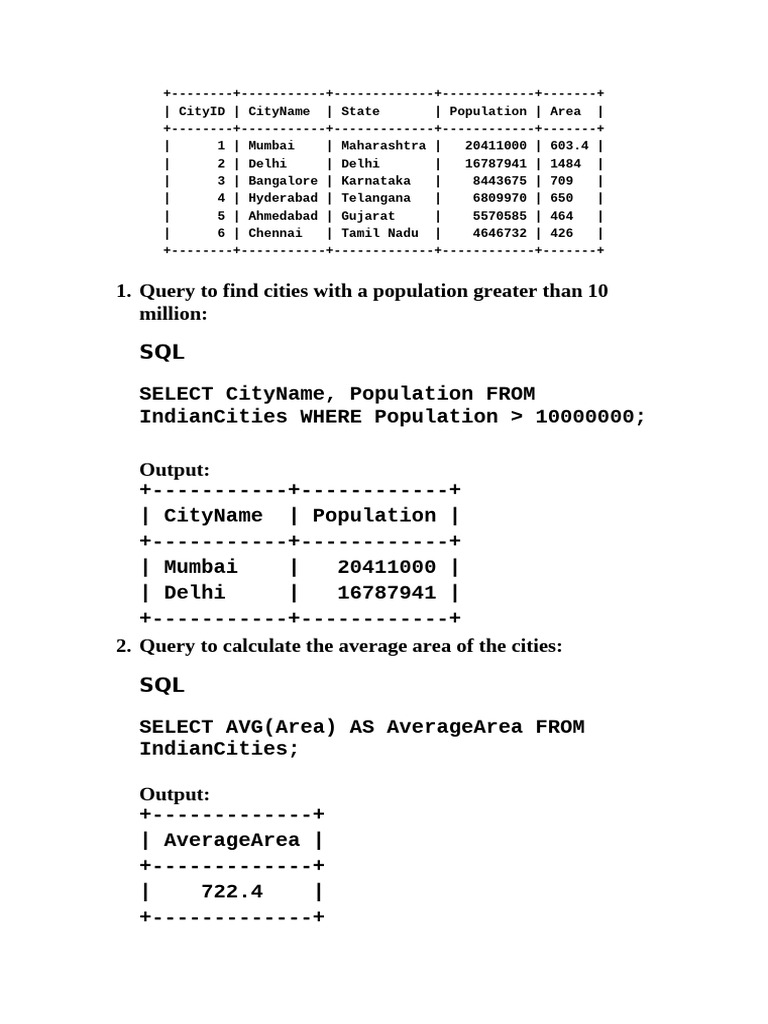 Query To Find Cities With A Population Greater Than 10 Million | PDF