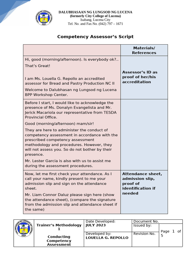 EDUC1 Script Repollo Competency Assessor Script | PDF