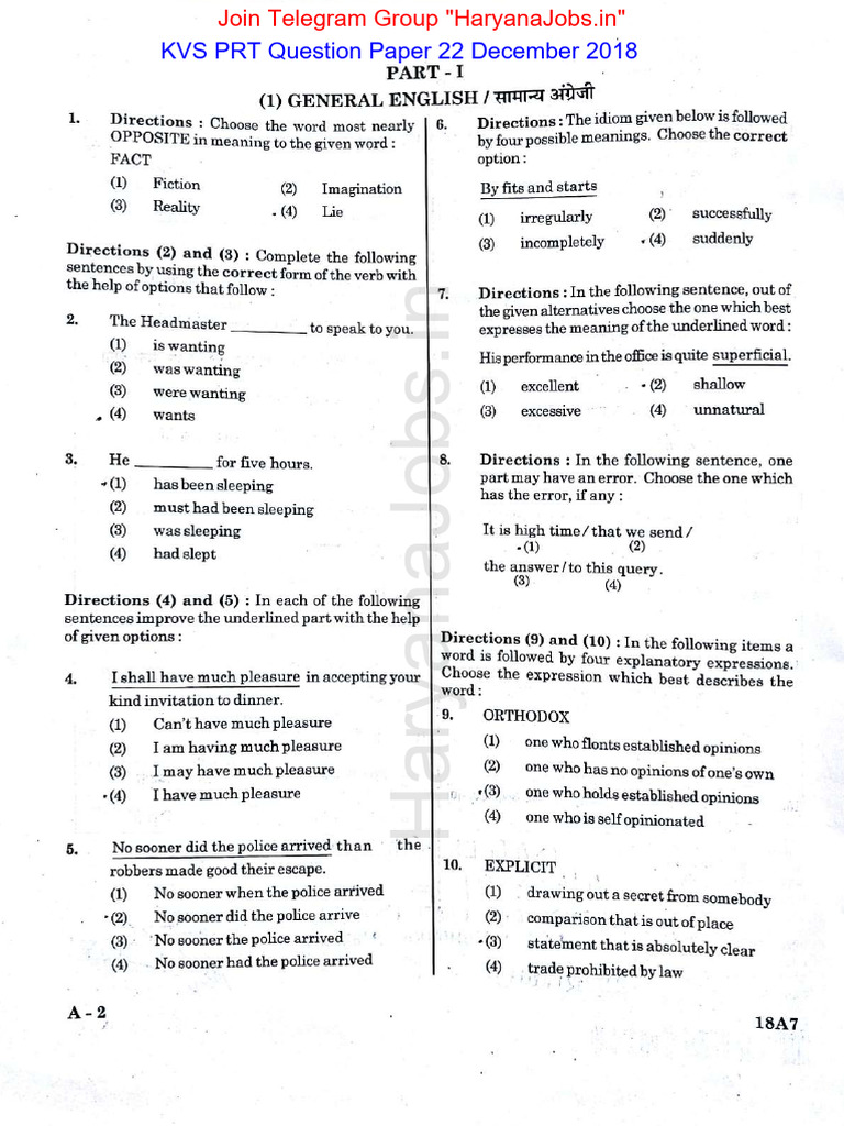 KVS PRT Question Paper 22 December 2018 Compressed New | PDF