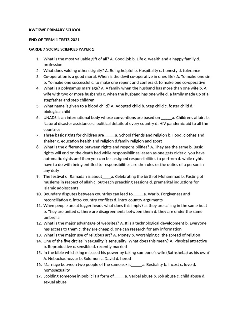 Grade 7 Social Sciences Test 2021 | PDF | Social Science