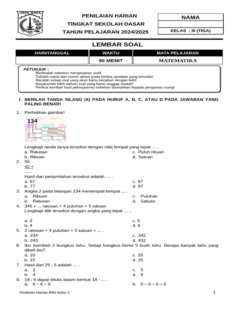 PH MTK Bab 1 Kelas 3 | PDF