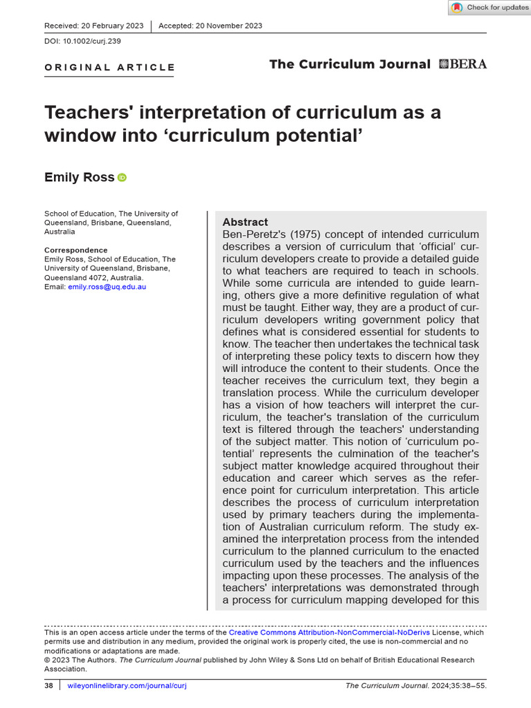 The Curriculum Journal - 2023 - Ross - Teachers Interpretation of ...