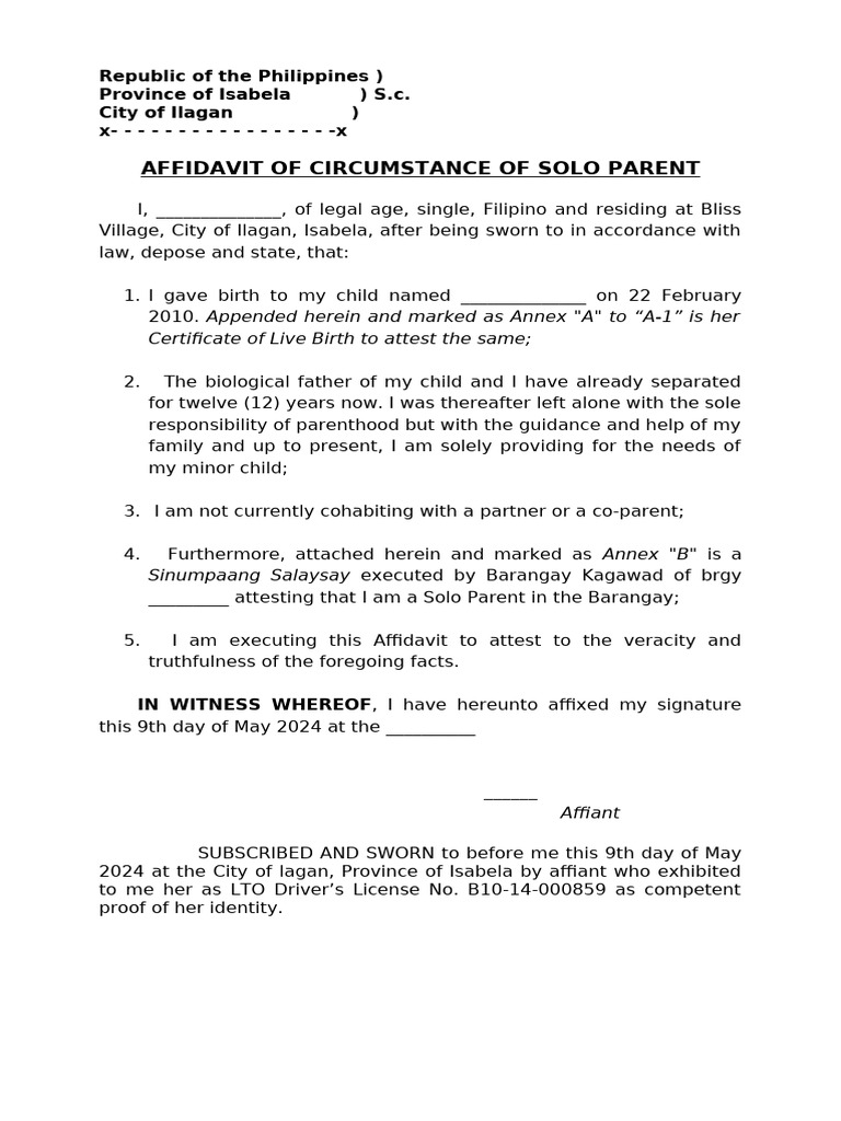 Affidavit Solo Parent - Sample | PDF