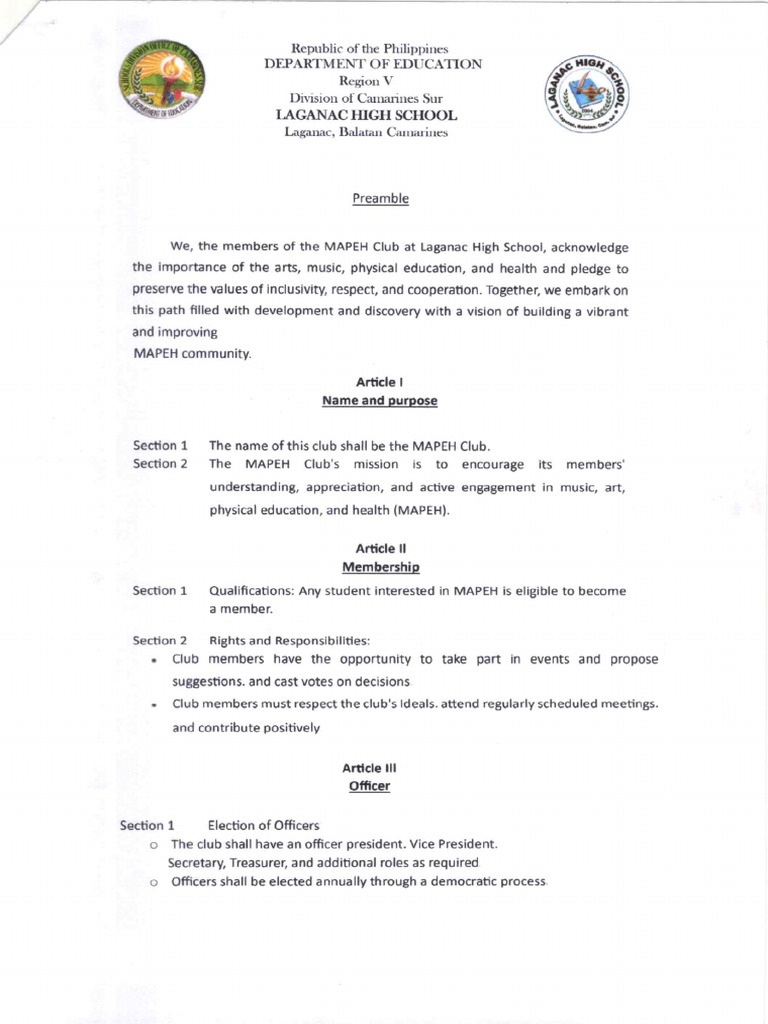 Mapeh Club Constitution and by Laws | PDF