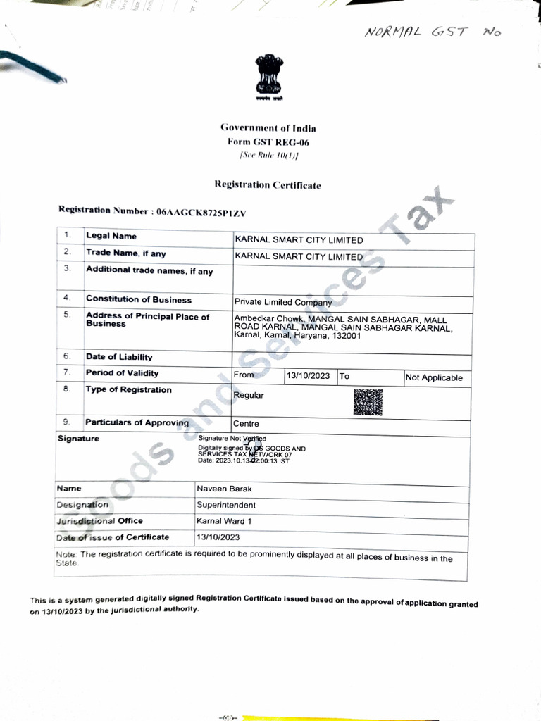 Karnal Smart City GST Certificate | PDF