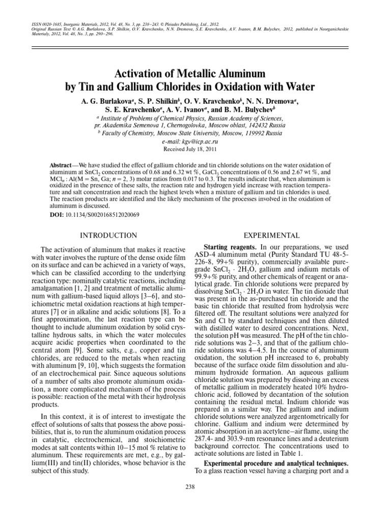 Activation of Metallic Aluminum by Tin and Gallium Chlorides in Oxidation With Water | PDF ...