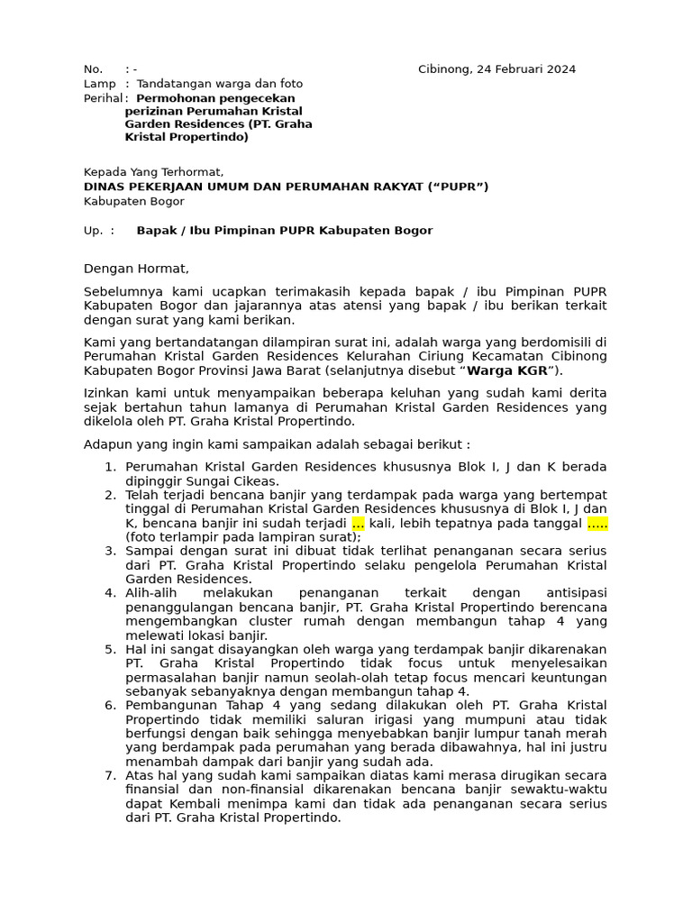 Surat Pengaduan PUPR | PDF