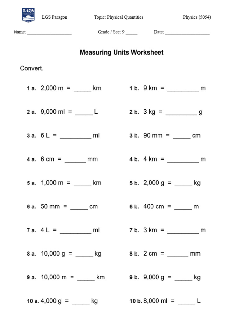 Physical Quantities Worksheet | PDF