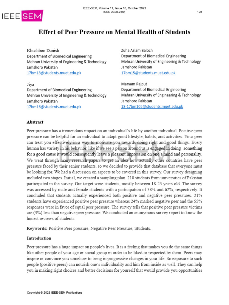 Effect of Peer Pressure On Mental Health of Students | PDF