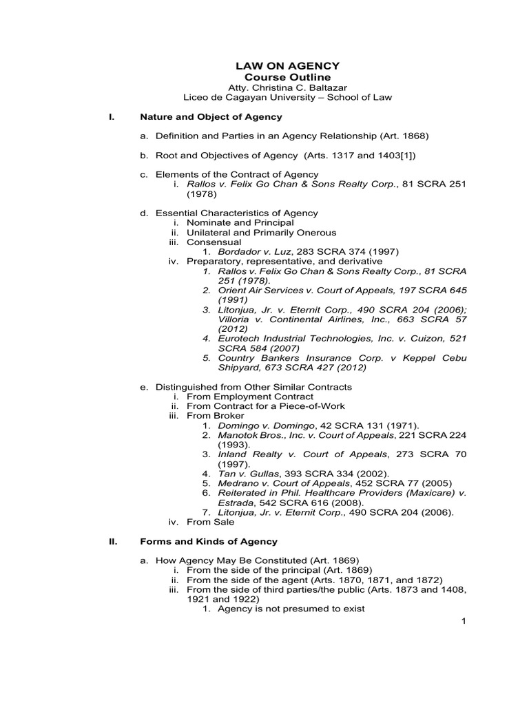 Law On Agency. Course Outline | PDF