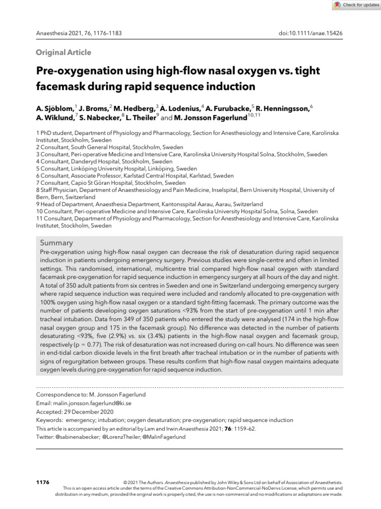 Pre Oxygenation Using High Flow Nasal Oxygen Vs Tight Facemask During ...