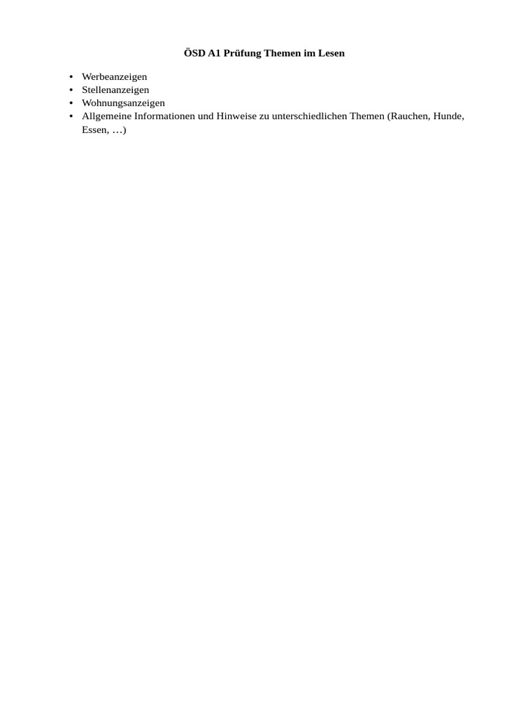 ÖSD A1 Prüfung Themen Im Lesen | PDF