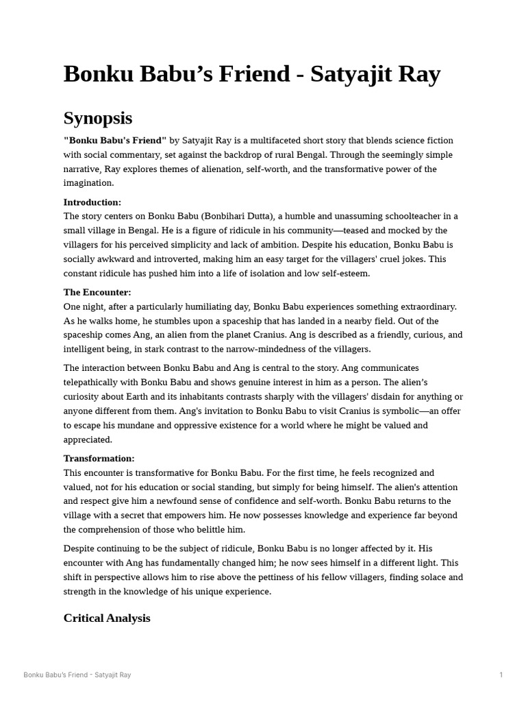 Bonku Babu's Friend - Satyajit Ray | PDF