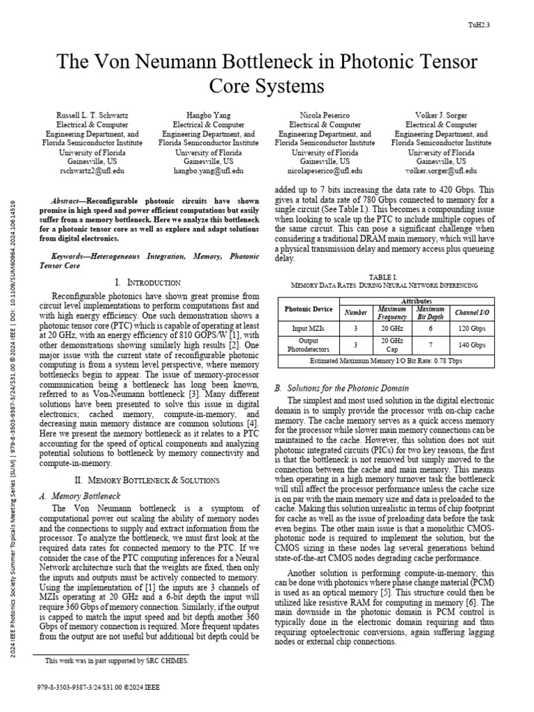 The Von Neumann Bottleneck in Photonic Tensor Core Systems | PDF