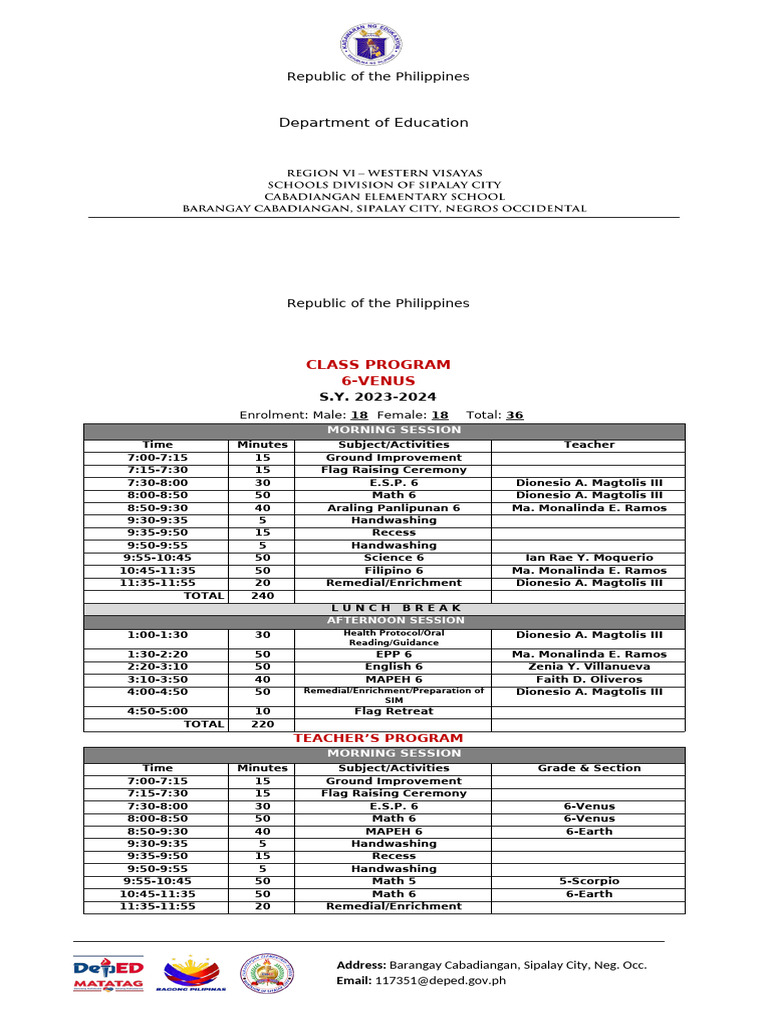 Class Program Dion Faith Mona 2023 | PDF