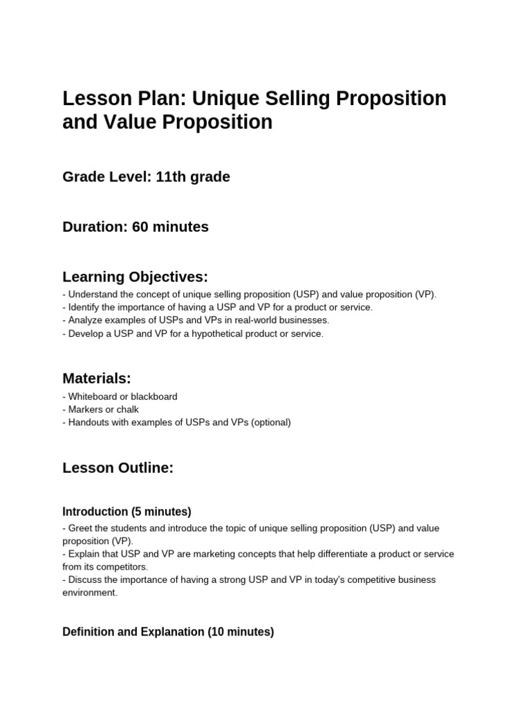 Lesson Plan - Unique Selling Proposition and Value Proposition | PDF