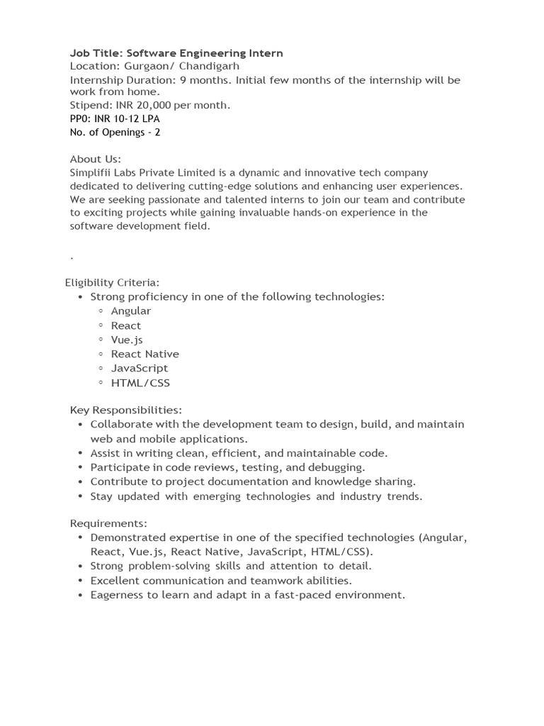 FInal Year - JD - Software Intern | PDF