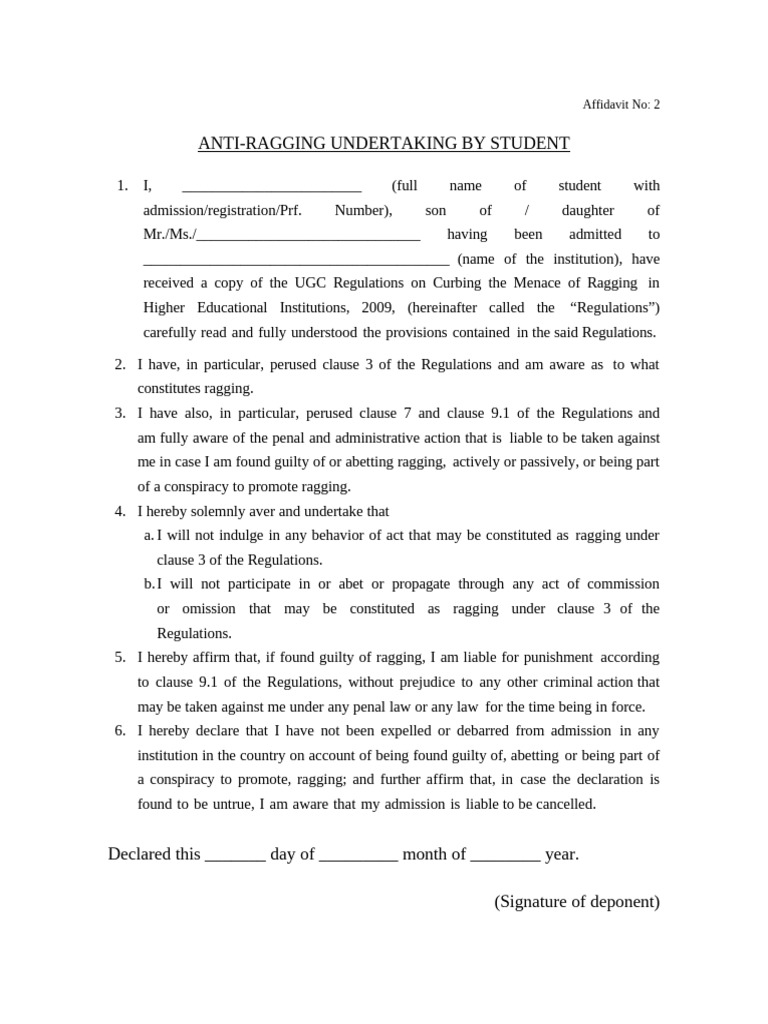 AFFIDAVIT - 02 - Anti-Ragging Undertaking by Student-24 | PDF | Affidavit | Politics