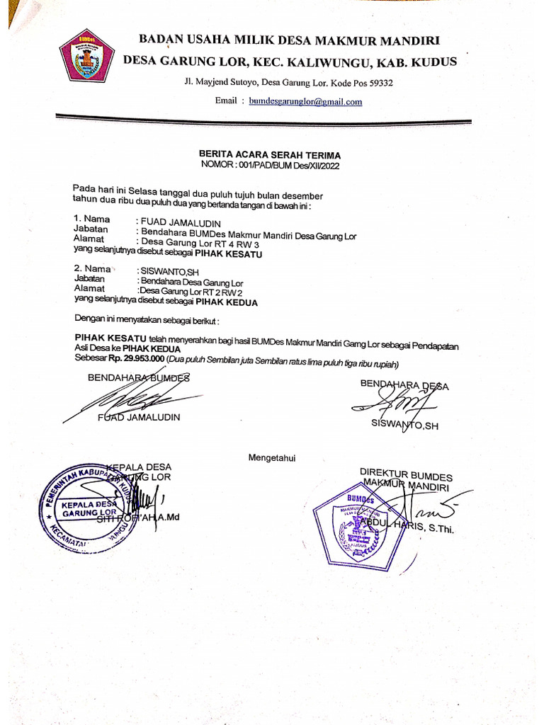 Berita Acara Penyershan PAD Bumdes Garung Lor | PDF