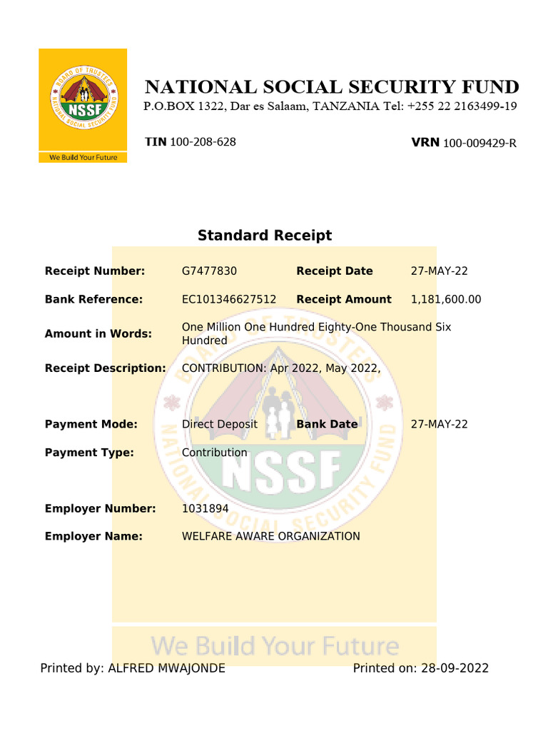 Receipt - G7477830 - From NSSF, Printed at 28-Sep-2022 - 1001am | PDF ...