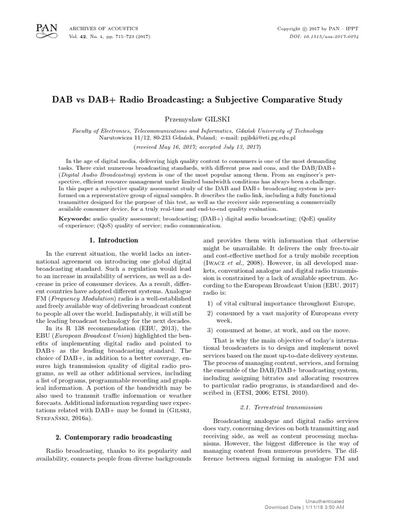 DAB Vs DAB Radio Broadcasting A Subjective Compara | PDF