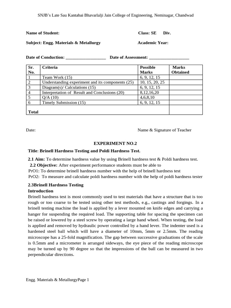 Brinell - Poldi Hardness Test | PDF