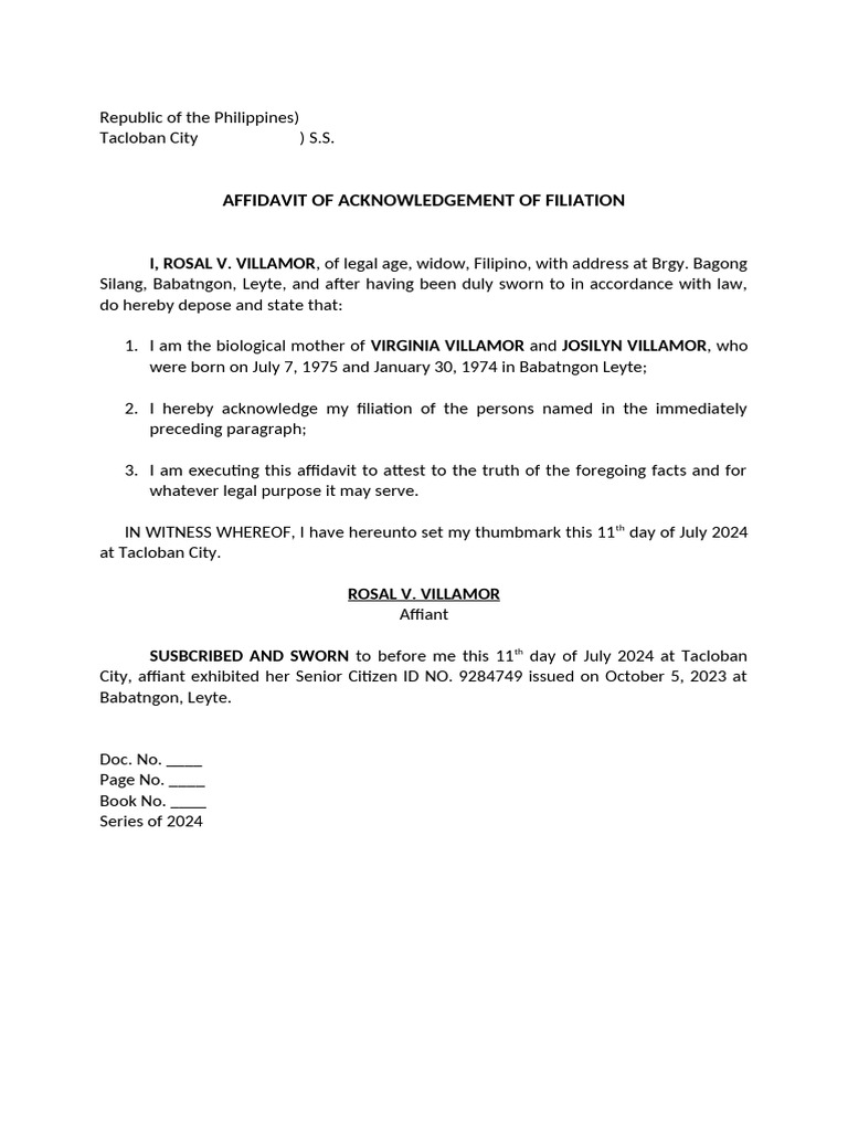 Affidavit of Filiation Rosa V. Villaflor | PDF | Law