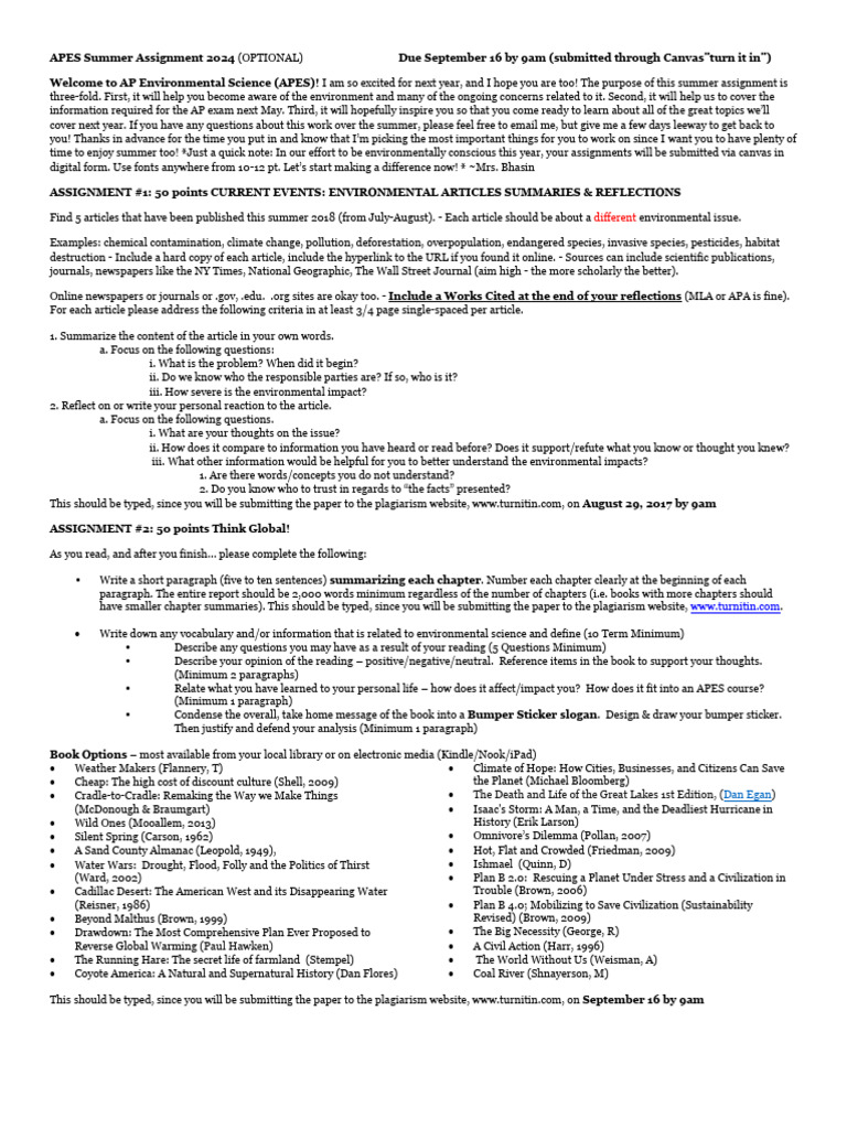 APESSummer Assignment 2024 | PDF