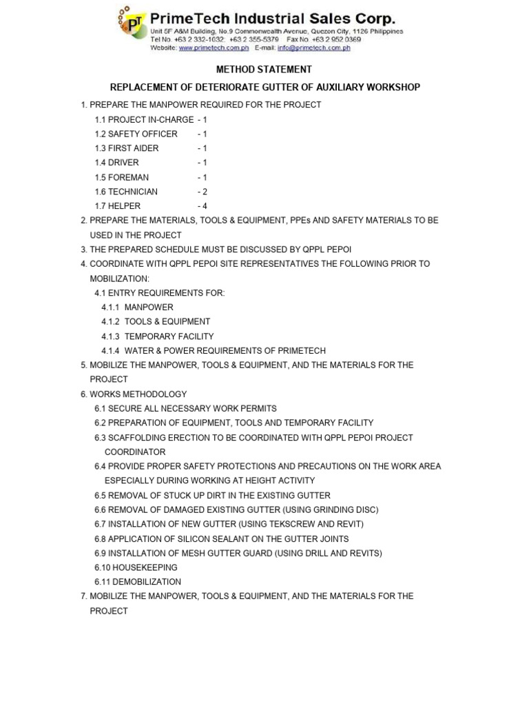 Method Statement For Repair of Gutter at Auxiliary Workshop | PDF ...