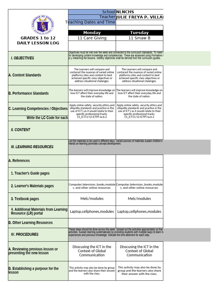 Daily Lesson Log Template J.F.villarin 2023 | PDF