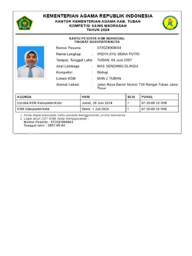 Kartu Peserta KSM | PDF