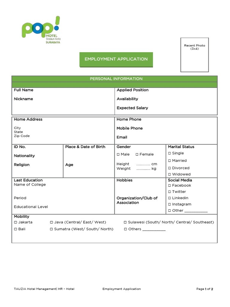Employment Application Form - Hotel | PDF | Computing
