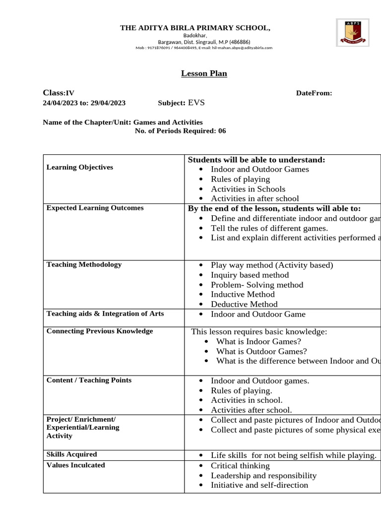 Class 4 EVS Lesson Plan: Games Activities | PDF | Inquiry Based ...
