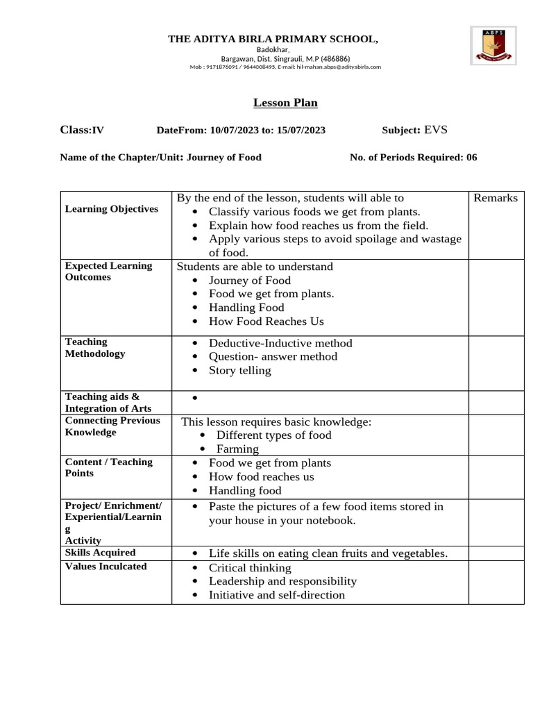 EVS CH 6 Journey of Food Class IV | PDF | Foods | Behavior Modification