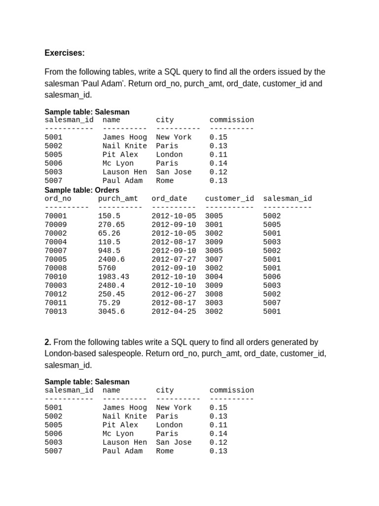 Oracle SQL Queries Exercises | PDF Oracle SQL Queries Exercises | PDF